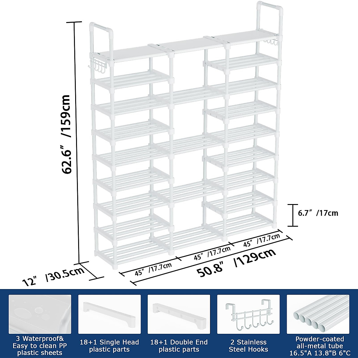 Mavivegue 9 Tiers Shoe Rack Tall Shoe Organizer Shoe Storage 50-55 Pairs Vertical Shoe Shelf Large Shoe Rack Organizer Stackable Shoe Racks for Entryway, Closet, Garage, Bedroom,Cloakroom - White