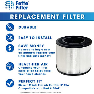 Fette Filter - Filter Compatible with BISSELL MYair Pro Hub and Plus Air Purifier Replacement HEPA and Carbon Filter Part # 3069 and 3389 - Pack of 1