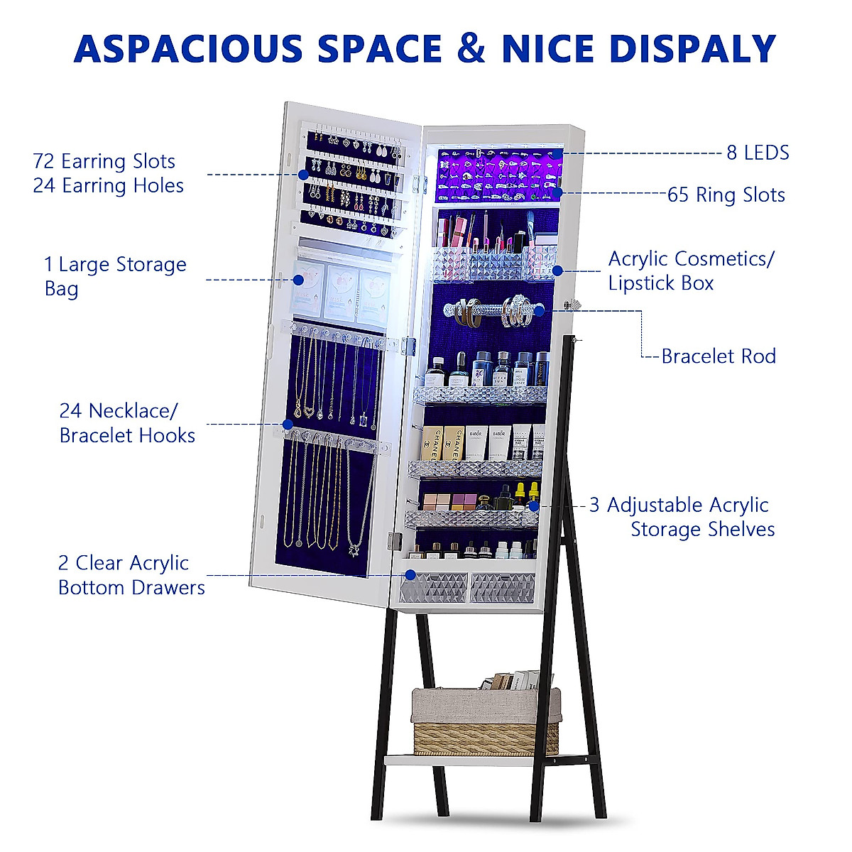 Lvifur LED Jewelry Armoire Freestanding, 42'' Full Length Mirror Large Capacity Jewelry Organizer Armoire with 8 LEDs, Lockable Floor Standing Mirror All in One for Bedroom (42'' White)