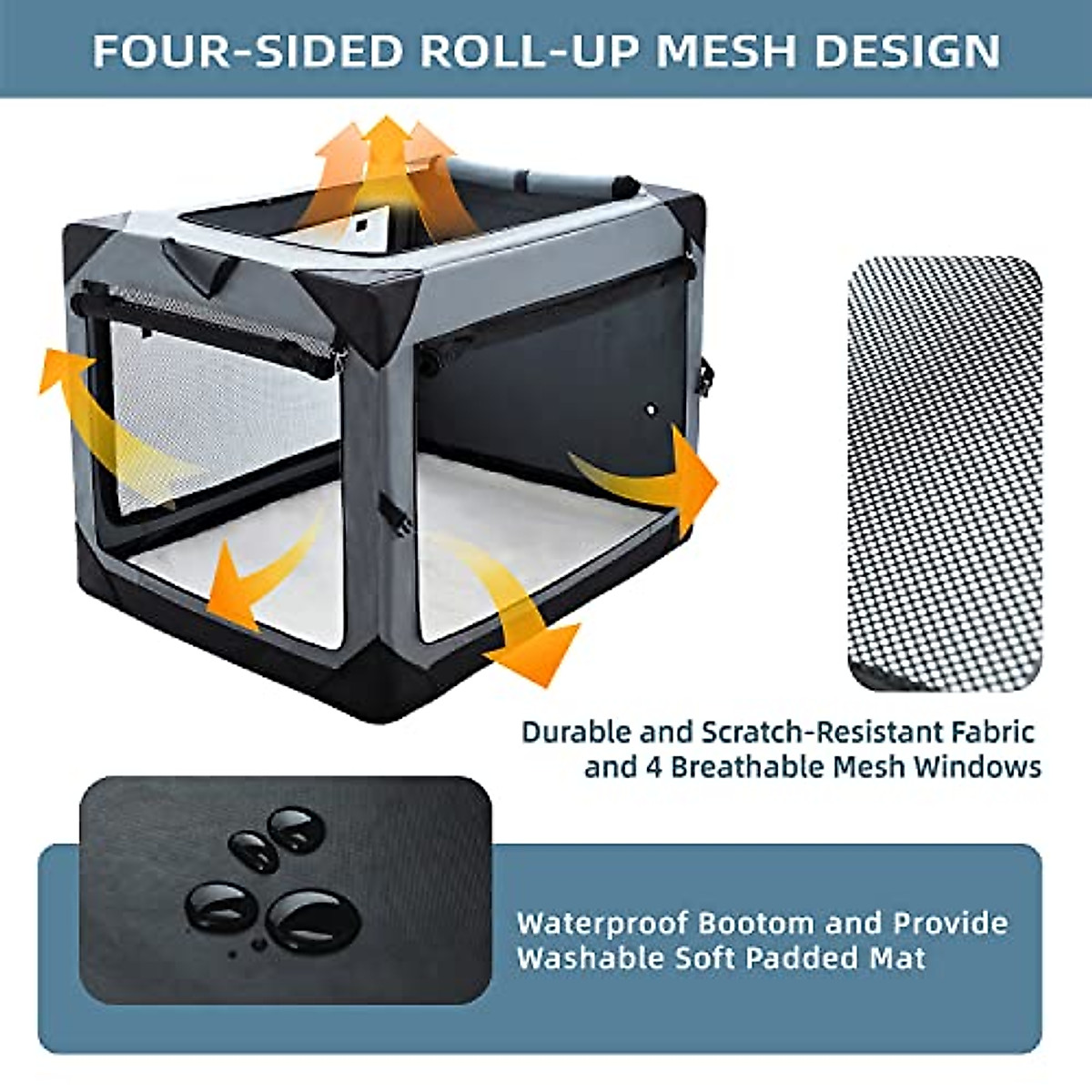 Pettycare 36 Inch Collapsible Dog Crate for Large Dogs, 4-Door Foldable Soft Dog Kennel with Chew Proof Mesh Windows, Indoor & Outdoor Travel Dog Crate, Soft Side Dog Crate