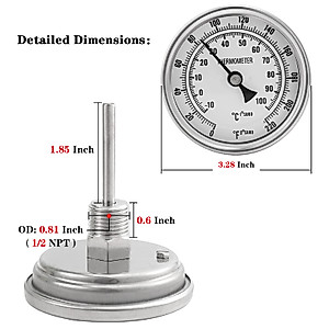 3" Dial 2" Probe FERRODAY 1/2 NPT Stainless Steel Thermometer Dial Thermometer 1/2 NPT Homebrew Kettle Thermometer Weldless with O-Rings 0-220ºF Kettle Thermometer Stainless Steel Brew Pot Thermometer