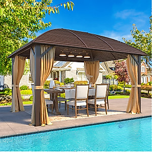 YOLENY 10' x 13' Hardtop Gazebo with Galvanized Steel Roof, Arc Roof Gazebo with Aluminum Frame, Outdoor Gazebo with Curtain&Netting, Sunshade for Gardens, Lawns, Deck