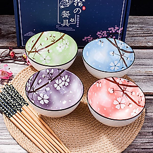 Japanese Style Ceramic Rice Bowl and Chopstick set of 4, Assorted Designs and Color with Phum Flowers Underglazed Dinnerware Ideal For Dessert Snack Cereal Soup in Gift Box