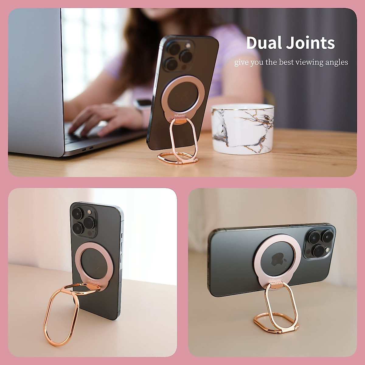 MINDSKY Mag-Safe Phone Stand Phone Grip Compatible with iPhone 12/13/14/15 Mini/Pro/Pro Max Accessories Removable Magnetic Finger Phone Ring Grip (Rosegold Pink)