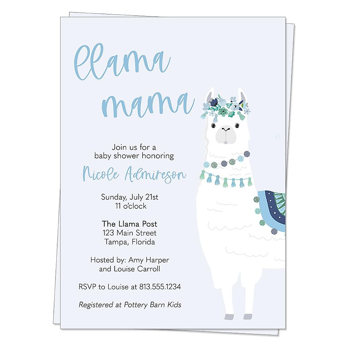 Llama Baby Shower Invitations Llama Mama Invites Blue Boy Boho Bohemian Fiesta Alpaca Custom Personalized Printed Cards (12 count)