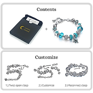 Capital Charms Sky Blue Star Silver Plated Charm Bracelet Set, Jewelry Gifts with Beads, Charms, and Adjustable Snake Chain, Fits 7.5"+1.5" (SkyBlue Star)