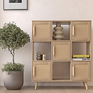 SSLine Boho Rattan 9-Cube Storage Organizer Rustic Wooden Bookcase with 4 Open Cubes & 5 Rattan Door Cabinets Free-Standing Bookshelf Display Cube Shelves for Living Room Home Office