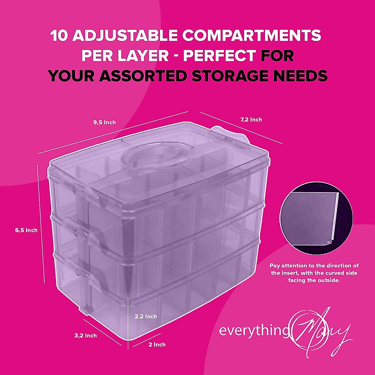 Everything Mary Stackable Storage Container, Purple - Portable Organizers with 30 Compartments - Three Tier Plastic Box with Handle