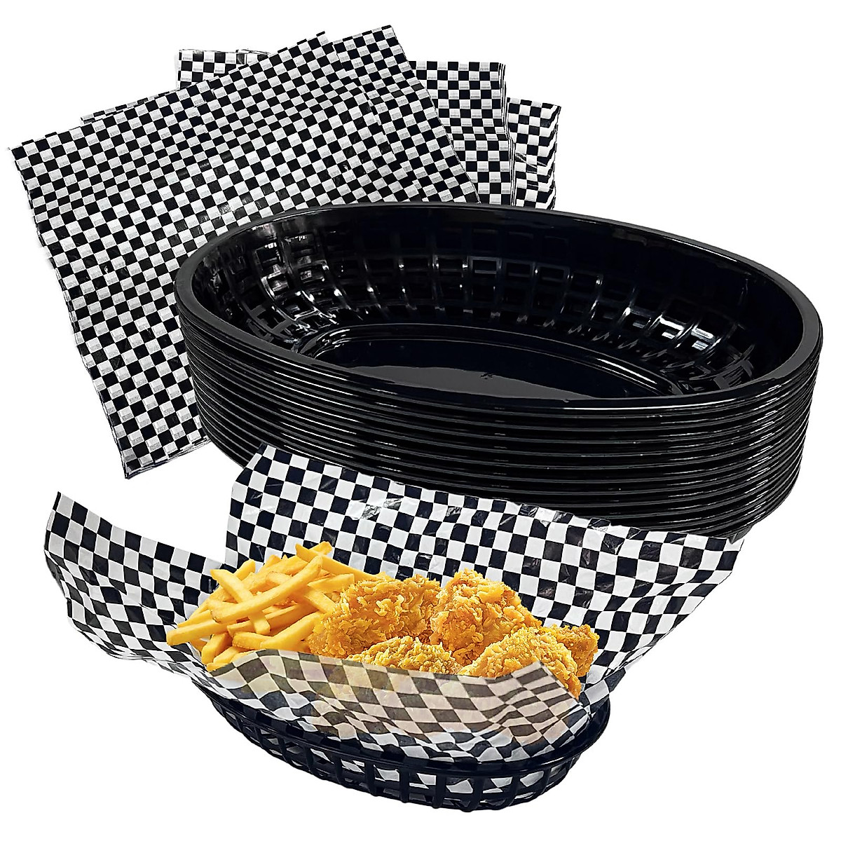 Rainmae Plastic Food Baskets with Parchment Paper Liners, 12 Fast Food Baskets with 120 Deli Paper Sheets, Bread Basket, Candy Fruits basket, Plastic Baskets, Restaurant Baskets for Food - Retro Style