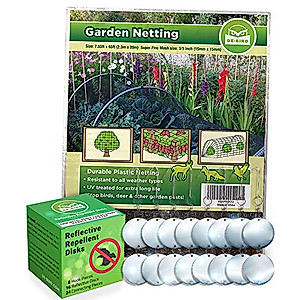 De-Bird Bundle Includes: 8 pk Reflective Repellent Disks & Heavy Duty Bird Netting to Keep Away Woodpecker, Pigeons, and Protect Plants & Fruit Trees