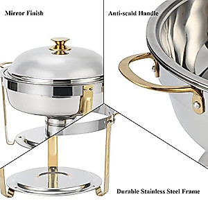 Amhier 5 Qt Chafing Dish Buffet Set with Stainless Steel Lid, Round Chafers and Buffet Warmers Sets with Food and Water Trays for Catering, Parties, Hotels and Weddings, Gold, 1 Pack
