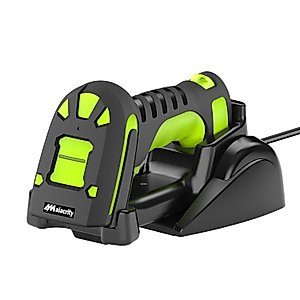 Alacrity Upgraded 2D Industrial Barcode Scanner with Wireless Charging Stand, 1968 Feet Transmission Distance 433Mhz Wireless & Bluetooth 2in1 Barcode Reader, Shock Dust Proof Hands Free, Green