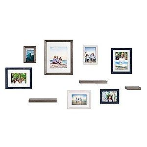 Kate and Laurel Bordeaux Gallery Wall Frame and Shelf Kit, Set of 10, Multiple Coastal Finishes, Assorted Size Frames and Three Display Shelves