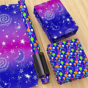 THMORT Birthday Wrapping Paper Roll with a Cutter Kit for Boys&Girls,Adults,Kids, Double Sided Gradient Mini Rolls 17 Inch X 120 Inch Galaxy Wrapping Paper Gift Wrap Roll Colorful Happy Birthday Lettering.