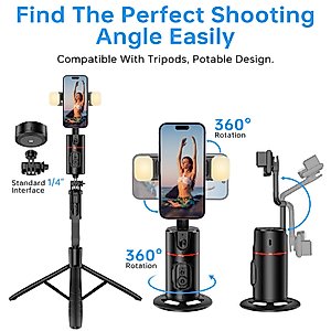 Auto Face Tracking Tripod with Rechargeable Fill Light with 6 Levels of Brightness, 360° Rotation Face Body Phone Camera Mount Gesture Control, Smart Shooting Holder for Vlog, Streaming, Video, Tiktok