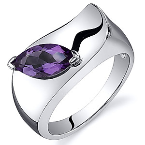 PEORA Amethyst Museum Solitaire Ring for Women 925 Sterling Silver, Genuine Gemstone Birthstone, 1 Carat Marquise Shape 10x5mm, Size 8