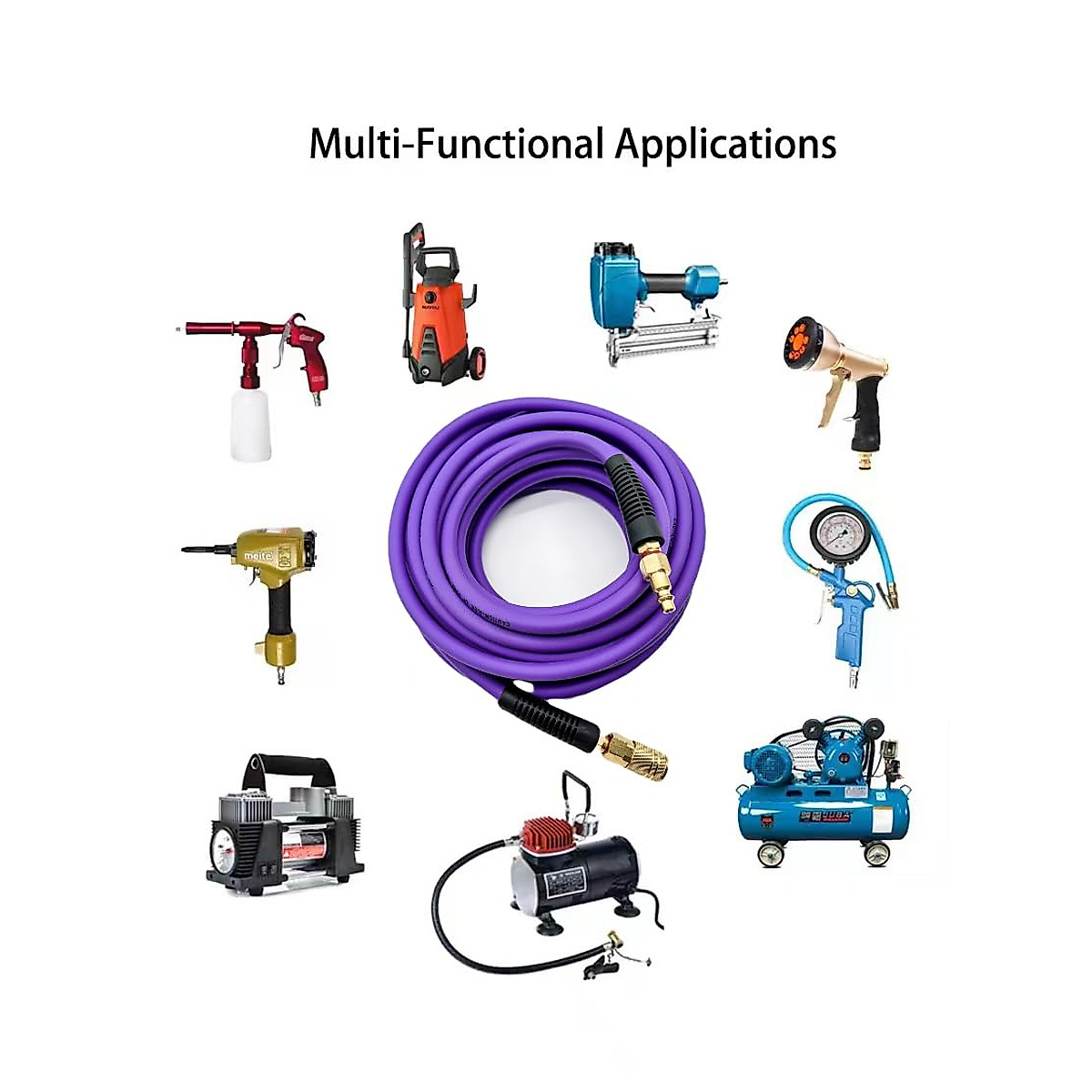 SYXQT Hybrid Air Hose(PVC) 1/4-Inch x 25FT， 300 PSI Heavy Duty, Lightweight, Kink Resistant, All-Weather Flexibility with 1/4-Inch Industrial Air Fittings and Bend Restrictors,Purple