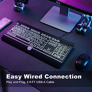 Wired Keyboard and Mouse Combo - Large Print Light Up Keyboard, Kopjippom USB Silent Wired Backlit Keyboard and Optical Mouse for Windows, PC, Laptop - Easy to See, USB Play and Plug