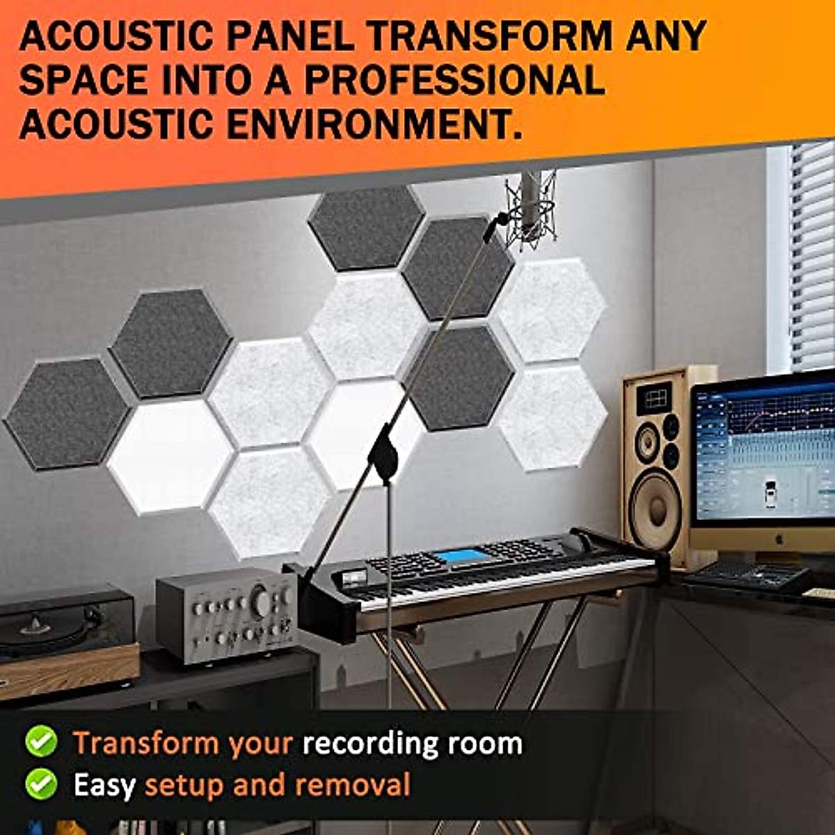 BUBOS 12 Pack Hexagon Acoustic Panels Soundproof Wall Panels,14 X 13 X 0.4Inches Sound Absorbing Panels Acoustical Wall Panels, Acoustic Treatment for Recording Studio, Office, Home,Grey