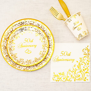 Crisky Gold Foil 50th Anniversary Napkins Plates Cups Set for 50th Anniversary Party Decorations Party Supplies Tableware, Set of 24 (9" Plates,7" Plates, Luncheon Napkins, 9oz Cups)