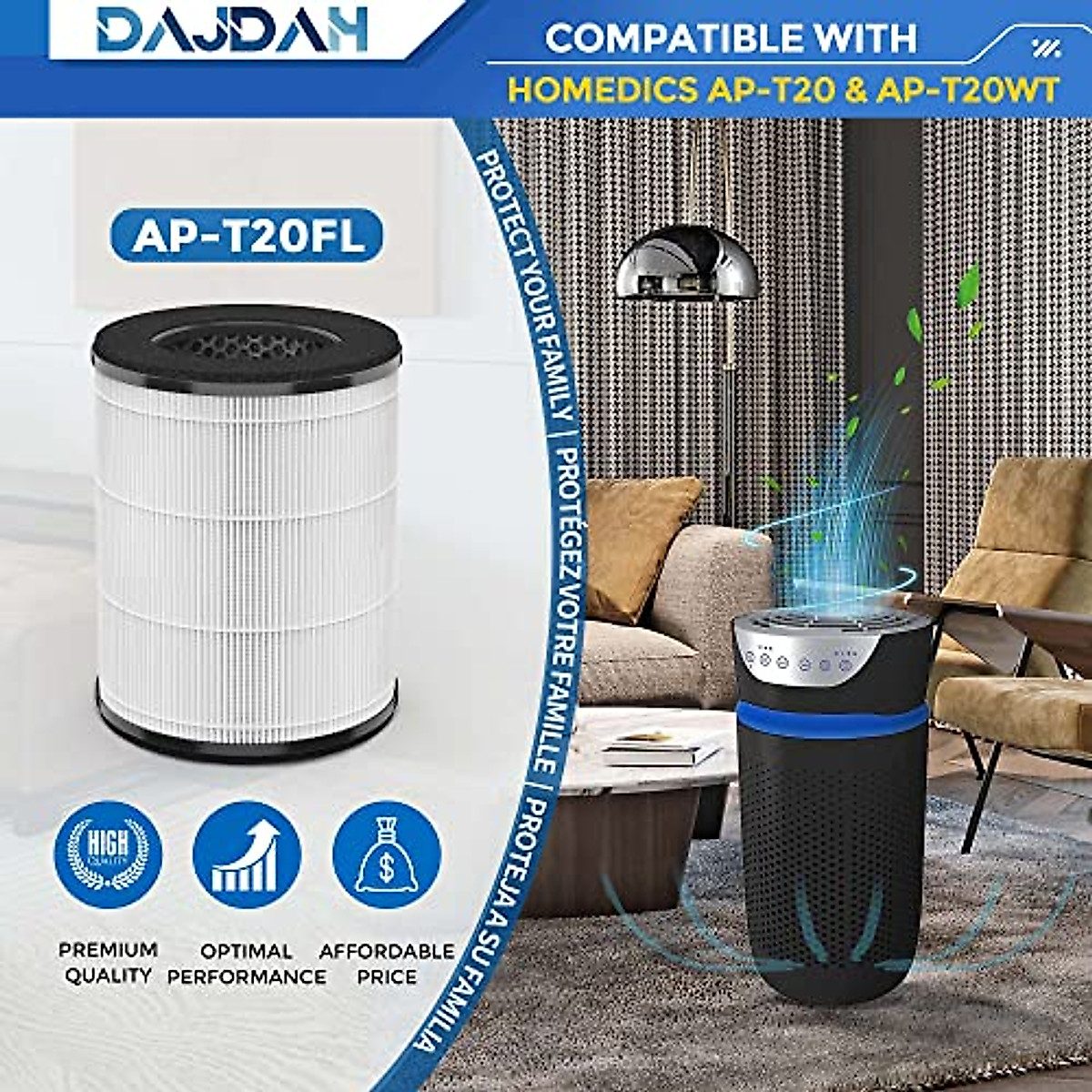 AP-T20 AP-T20FL Replacement Filter Compatible with Homedics Air Purifier Filter Replacement for Homedics Total Clean 3 in 1 Air Purifier Models AP-T20 and AP-T20WT with Higher Grade True HEPA, 1-Pack