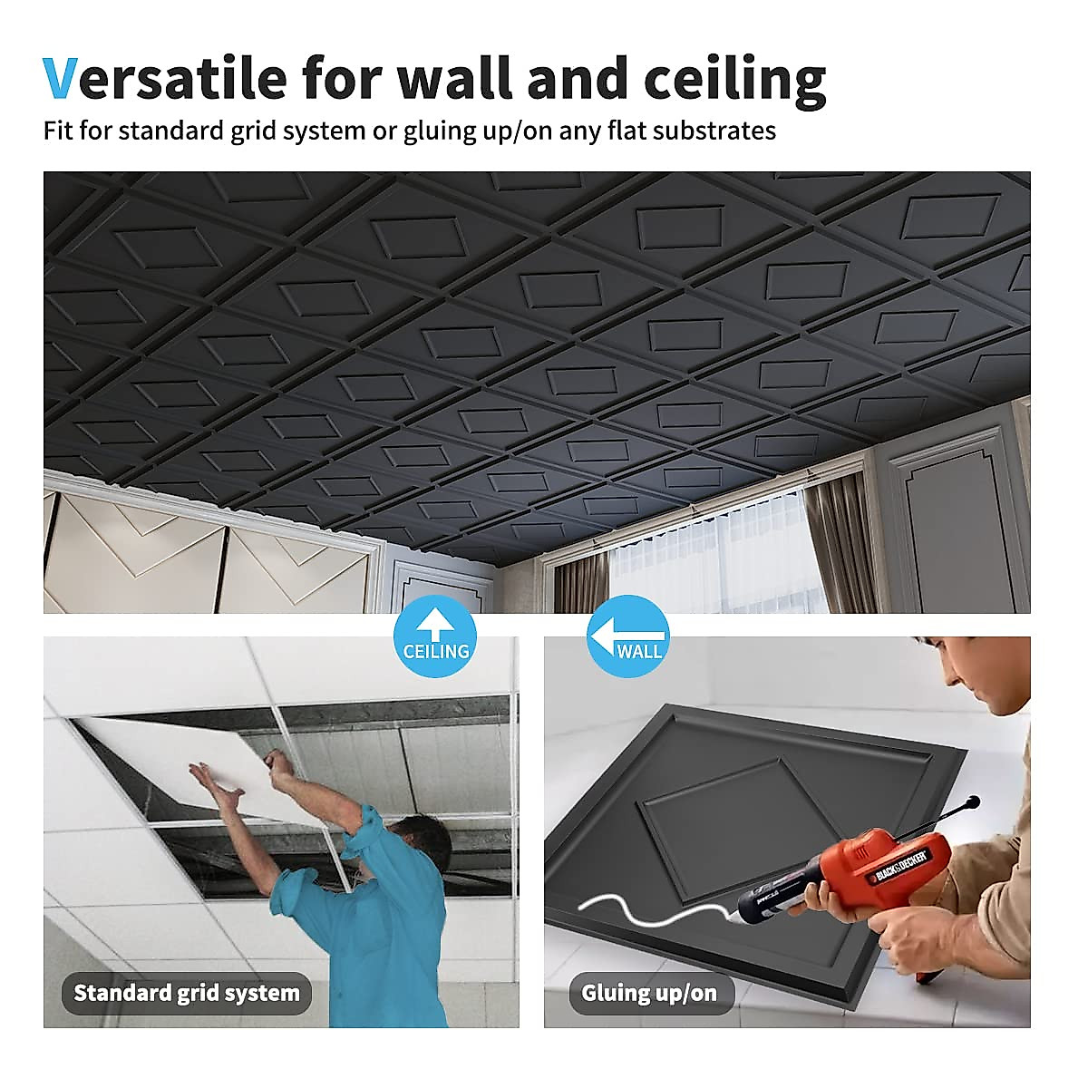 Art3d Decorative Drop Ceiling Tiles 2x2, Glue up Ceiling Panel Square in Black, Pack 12 Tiles