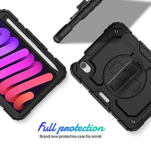 iPad Mini 6 Case 8.3 Inch 2021 with Pencil Holder & Screen Protector for Kids Boys Girls & Business | AVAKOT Protective Shockproof iPad Case for Mini 6th Gen w/Hand Shoulder Strap for Car | Black
