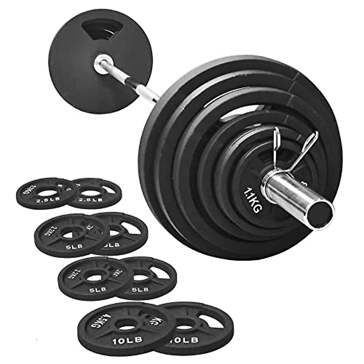 Signature Fitness Cast Iron Olympic 2-Inch Weight Plates Including 7FT Olympic Barbell, 325-Pound Set (280 Pounds Plates + 45 Pounds Barbell), Multiple Packages, Style #7