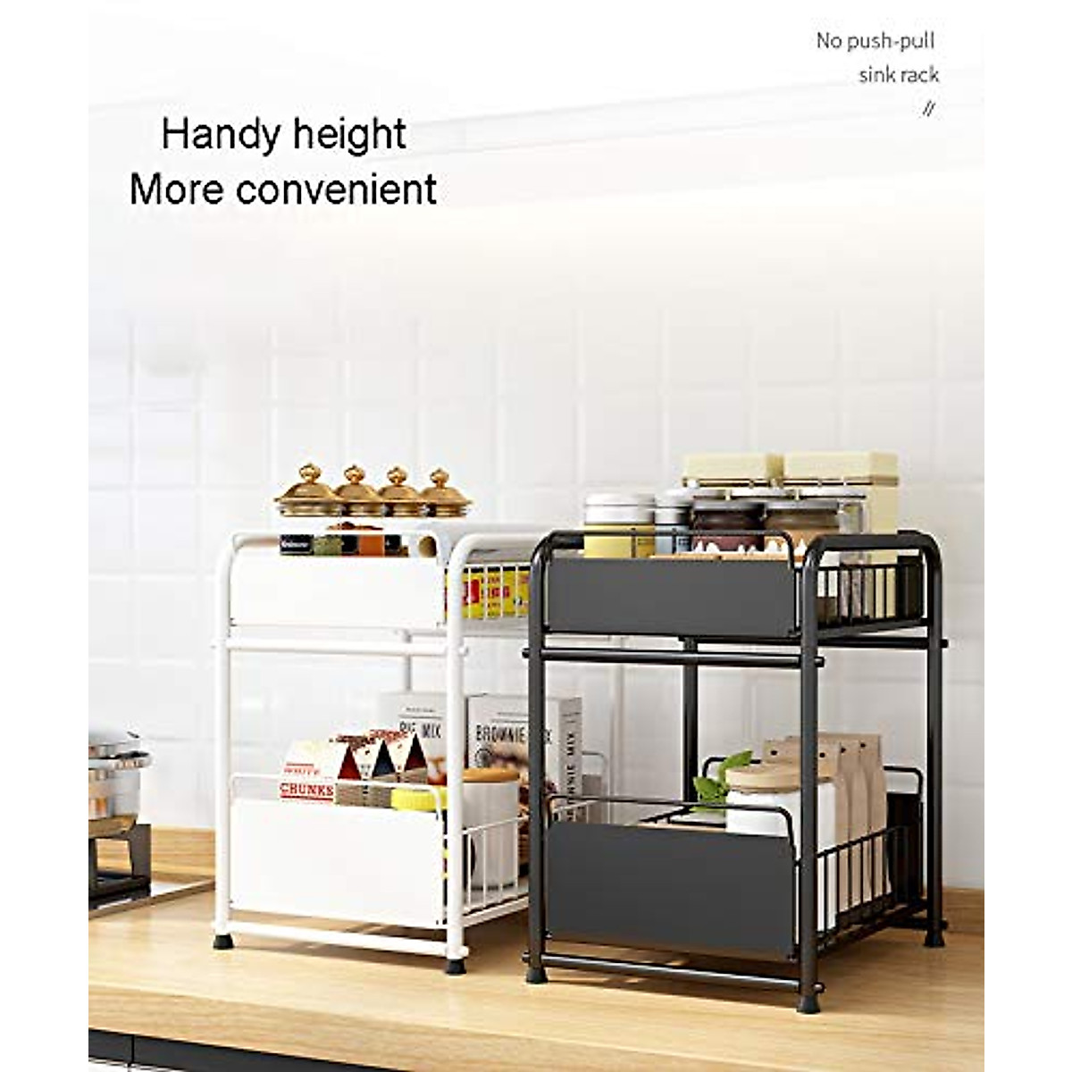 LEAYAN Multifunctional Under Sink Storage Metal Storage Drawer,Telescopic Sliding Drawer,Sliding Rack with Spice Dividers,Shower,Pantry,Kitchen,Bathroom,Under Sink Rack Shelf, White Short Large