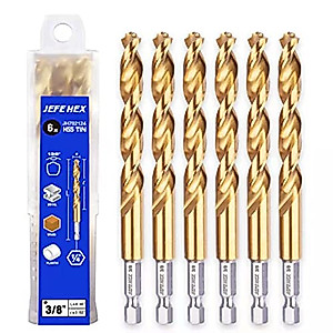 JEFE HEX 3/8" Inch Hex Shank with Titanium Coating Twist Drill Bits, 135 Degree Easy Cut Split Point Drill Bits (Pack of 6)