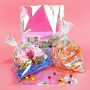 TYRSEN Cellophane Bags, 50 Pcs 9x12 Cello Bags with Twist Ties Holographic Iridescent Cello Gift Bags for Easter Day Birthday Party Halloween Xmas