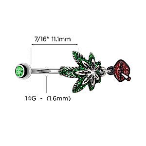 Pierce2GO Weed Belly Button Ring - 316L Surgical Grade Stainless-Steel Belly Button Ring with Lips Smoking Weed - Marijuana Belly Button Ring with Cubic Zirconia Stone - Navel Rings for Women