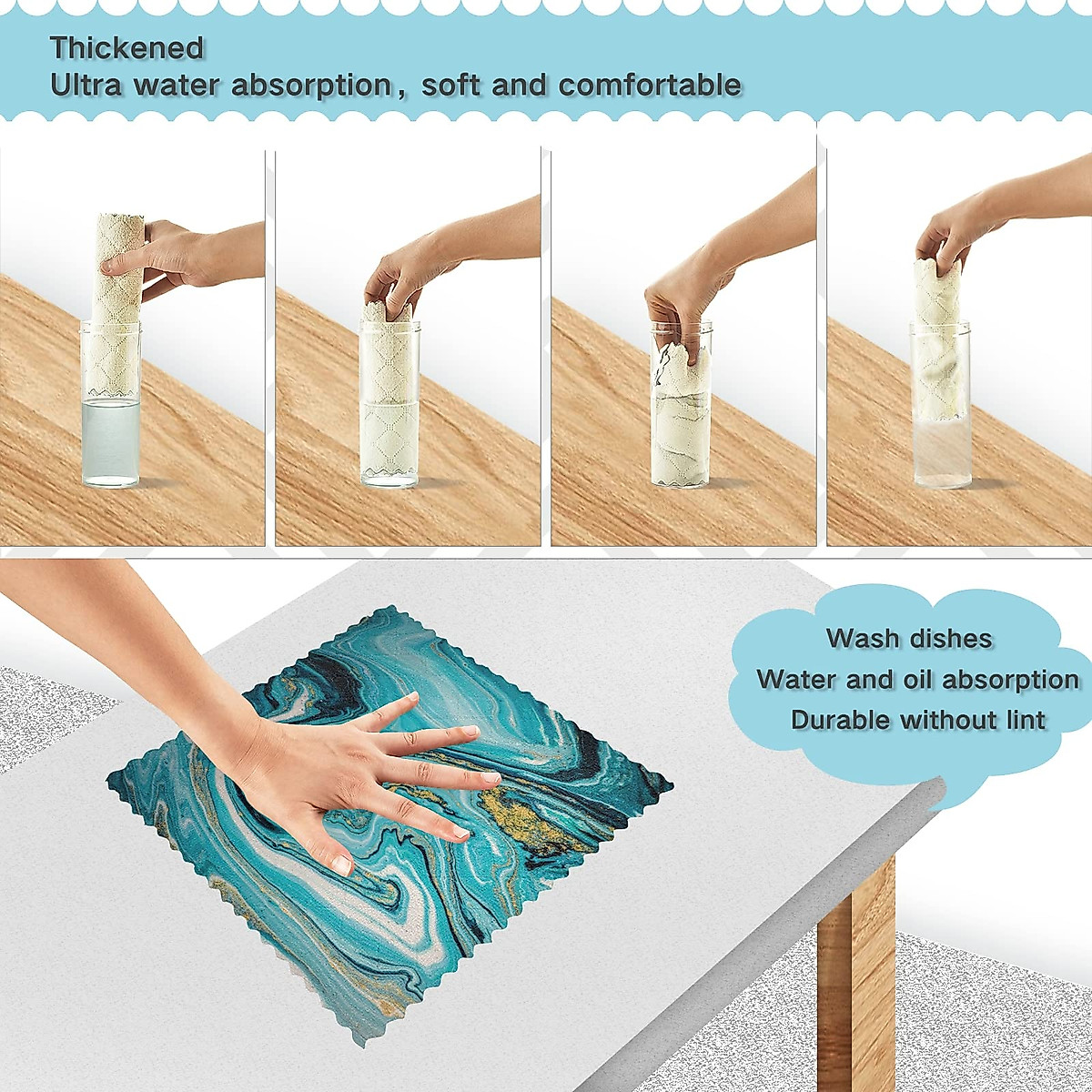 Natural Luxury Teal Turquoise Marble with Golden Powder Oriental Art Pack of 6 Pcs Kitchen Dish Towels, Absorbent Soft Dishcloths for Bar Cafe Car Table Chair Window Washable Towels 11 x 11 inches