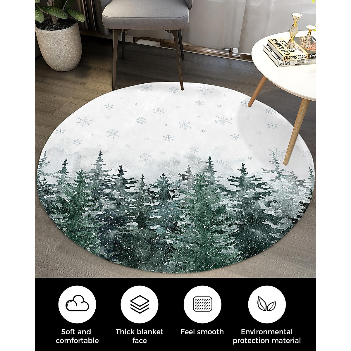 Christmas Fluffy Round Area Rug Carpets 3.3ft, Plush Shaggy Carpet Soft Circular Rugs, Non-Slip Fuzzy Accent Floor Mat for Living Room Bedroom Nursery Decor Forest Winter Pine Tree Snowflake Green