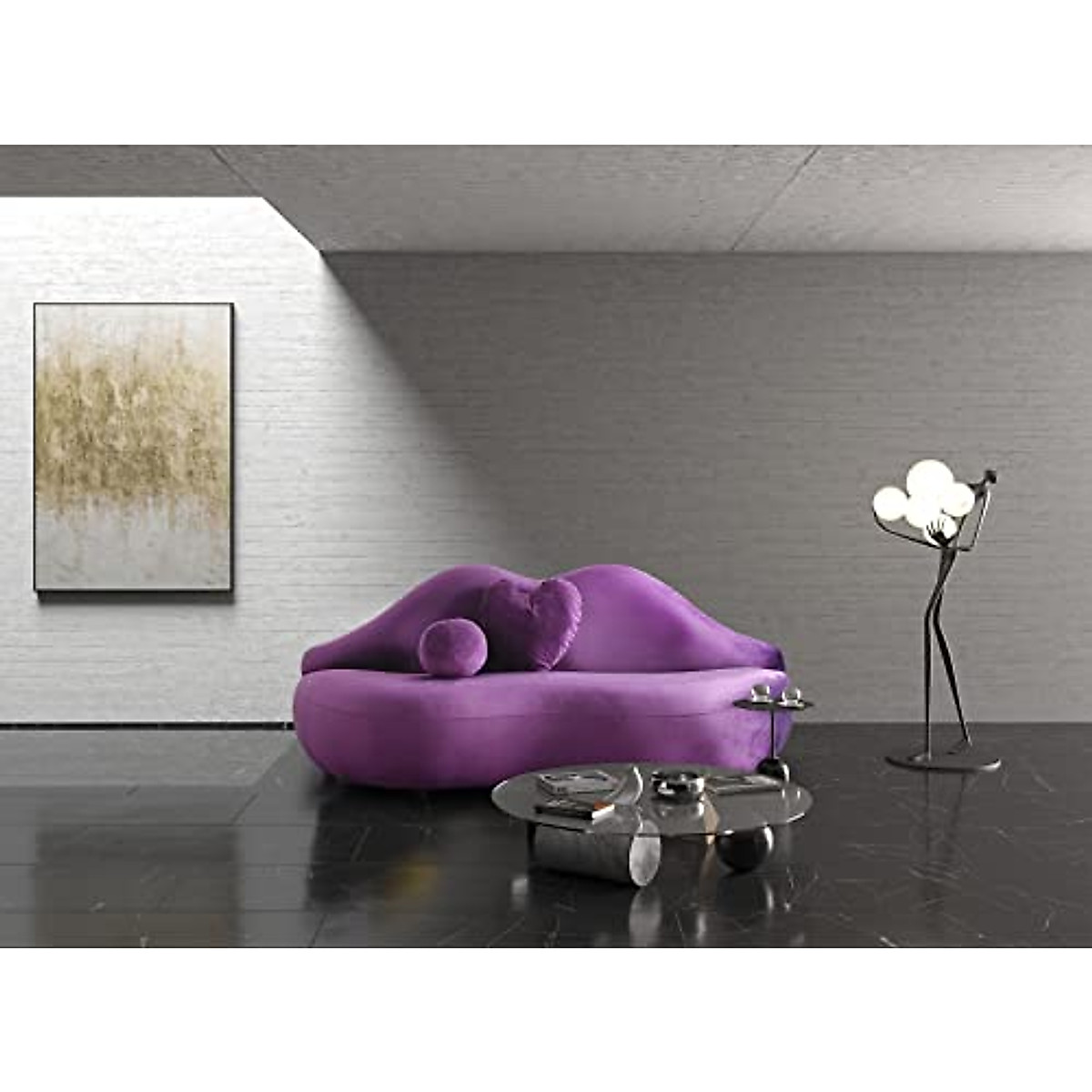NWF Lips Modern Velvet Lip Shape Sofa 80'' Wide Low to Ground Kiss Couch Medium Firm Contemporary Design for Living Room (Purple)