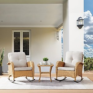 HUMMUH Patio Wicker Rocking Chairs Set of 2 Rattan Outdoor Rocking Chairs for Front Porch Garden Backyard Lawn Balcony Weather Rocker Chair with Side Table