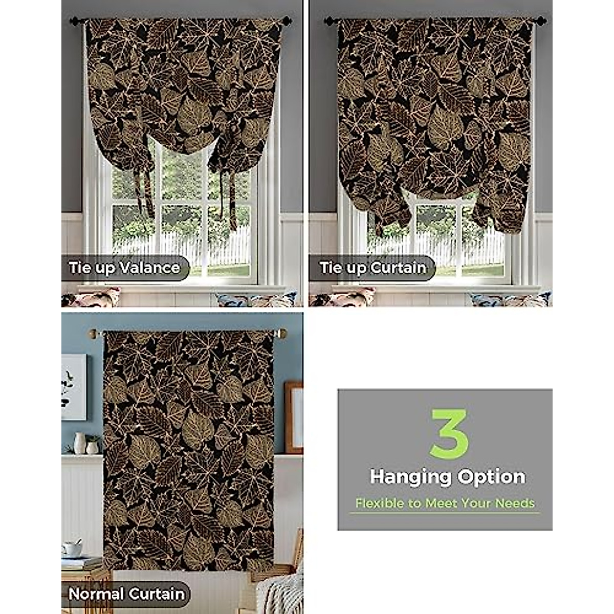 Thanksgiving Fall Tie Up Curtains for Kitchen Bathroom Bedroom Windows 63 Inch Length, Balloon Drape Curtains Shade Rod Pocket Drapery Curtain Gold Autumn Maple Leaves Black Backdrop 1 Panel, 52"x63"