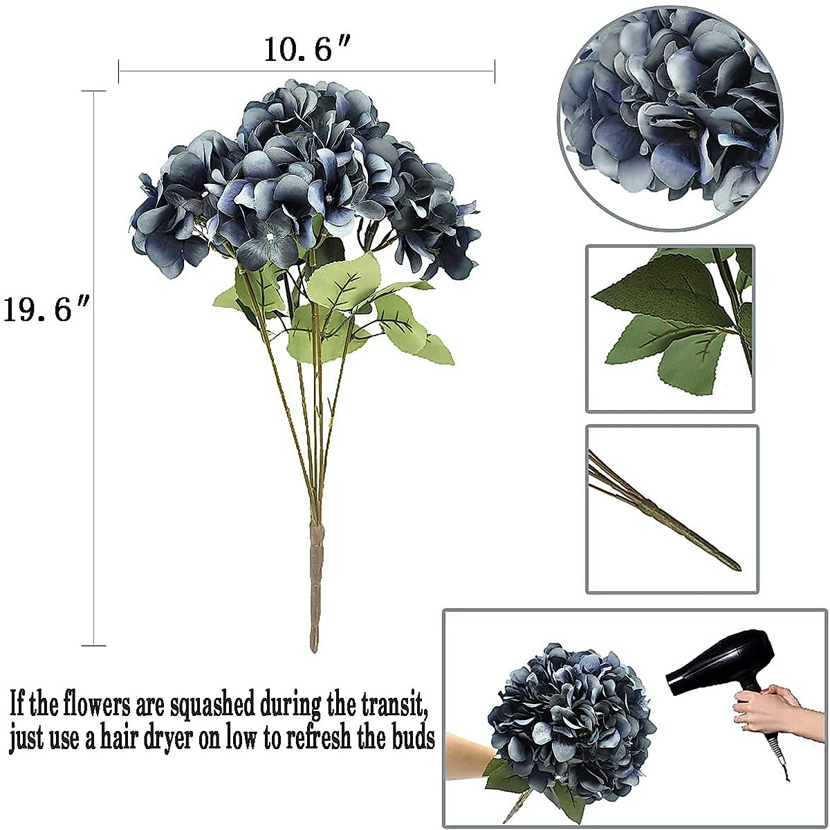 2Bouquets Artificial Vintage Silk Hydrangeas Flowers with Stems，10Heads Flower Home Kitchen Garden Party Festival Bar,Weddings and Celebrations DIY (Dark Gray)