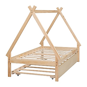 LOPOO Twin Size Tent Floor Bed, Wooden Tent Platform Bed with Pull-Out Trundle Bed, Tent Twin Bed with Rollers, Bed Frame Twin Size for Boys,Girls Bedroom, No Box Spring Needed, Teepee Bed (Natural)