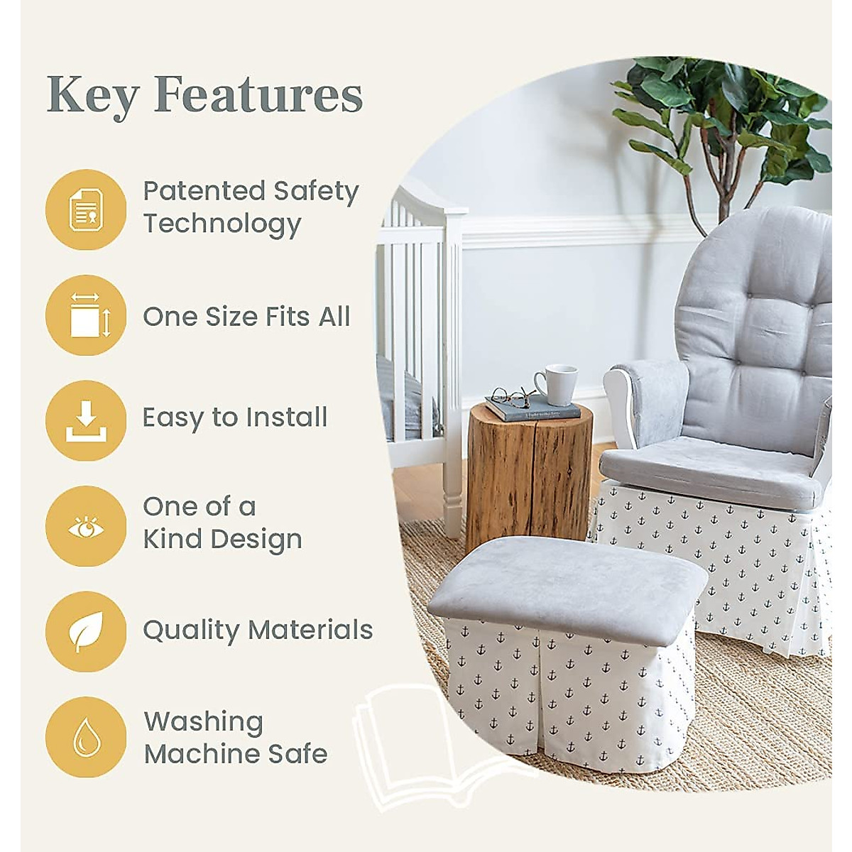 Glider Skirt, Universal Fit Safety Skirt for Glider Chair and Ottoman for Nursery, Baby Proofing Pinch Guard, Glider Chair and Ottoman Sold Separately, Safe Harbor Anchor Style