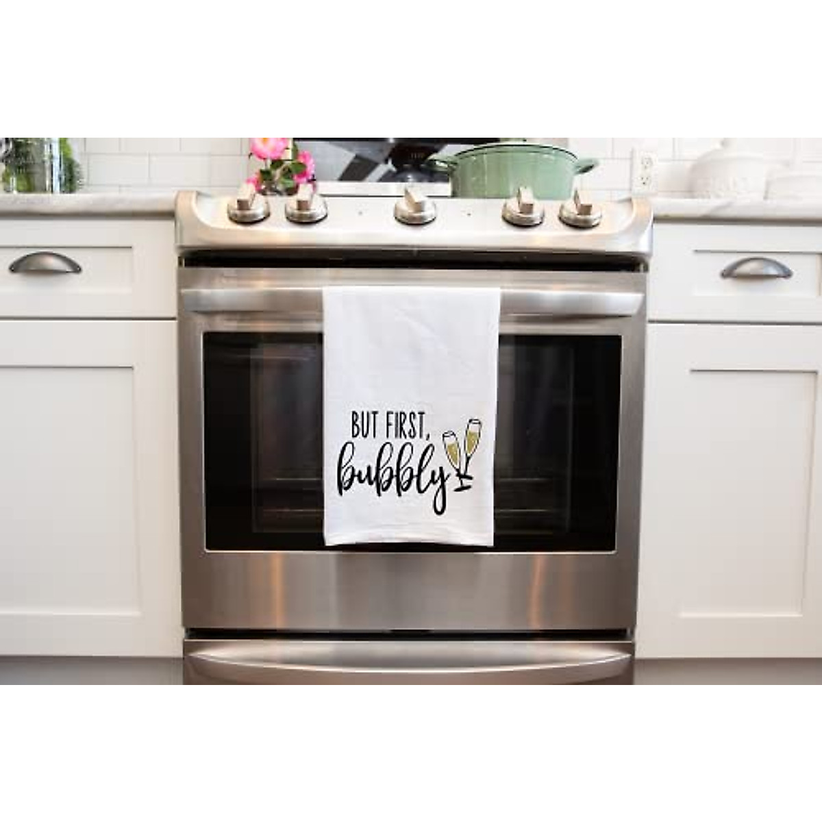 Handmade Funny Kitchen Towel - 100% Cotton Funny Hand Bar Towels for Champagne Celebrations - 28x28 Inch Perfect for Hostess Housewarming Christmas Mother’s Day Birthday Gift (But First Bubbly)