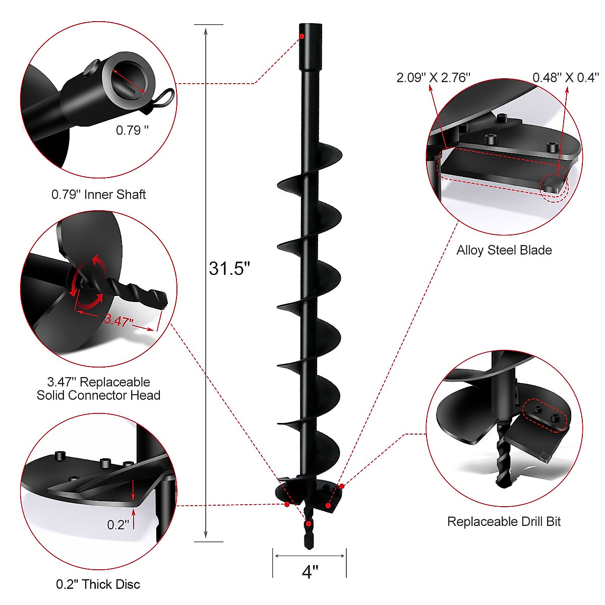 LONGRUN Earth Auger Drill Bit for Garden Fence Post, 4" x 31.5" Post Hole Auger, 0.79”(20mm) Inner Shaft Auger Bit for Planting Trees and Bedding, Bulbs, Seedlings, Gardening, Large Fencing Digger
