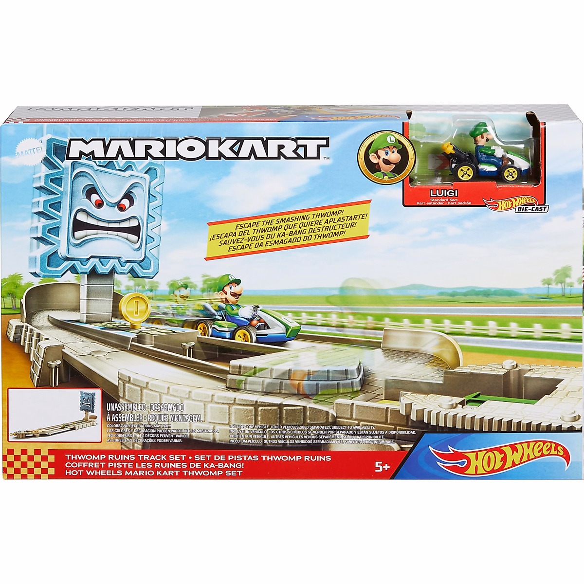 Hot Wheels Mario Kart Track Set & Toy Car, Thowmp Ruins Playset with Luigi Kart Vehicle & Pull-Back Launcher