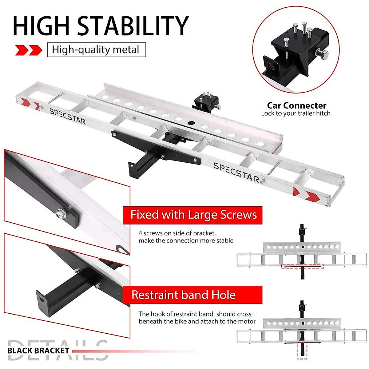 SPECSTAR Heavy Duty Aluminum Motorcycle Carrier, 450 Lbs Capacity Hitch Mounted Scooter Dirt Bike Rack with Loading Ramp and Locking Device