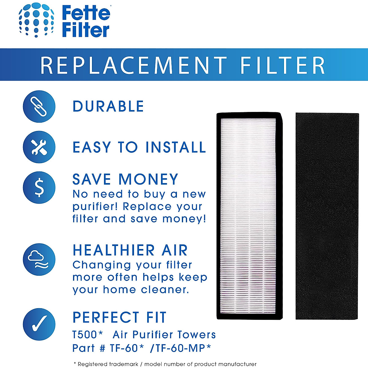 Fette Filter - 2 Pack Premium T500 True HEPA Filter Replacements Compatible with Air Purifier Filter T500 tower. Compare to Part # TF60-MP & TF60-MP (Includes 2 Hepa & 2 Carbon Filters)