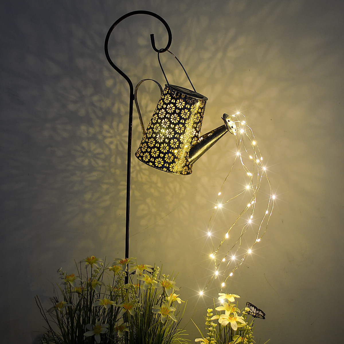Cubular Solar Watering Can with Lights Outdoor - Metal Waterproof Garden Flower Decor Stake Light Art Decor Gift for Table Patio Yards Pathway Party - Hanging Solar Lantern with Fairy Waterfall Light