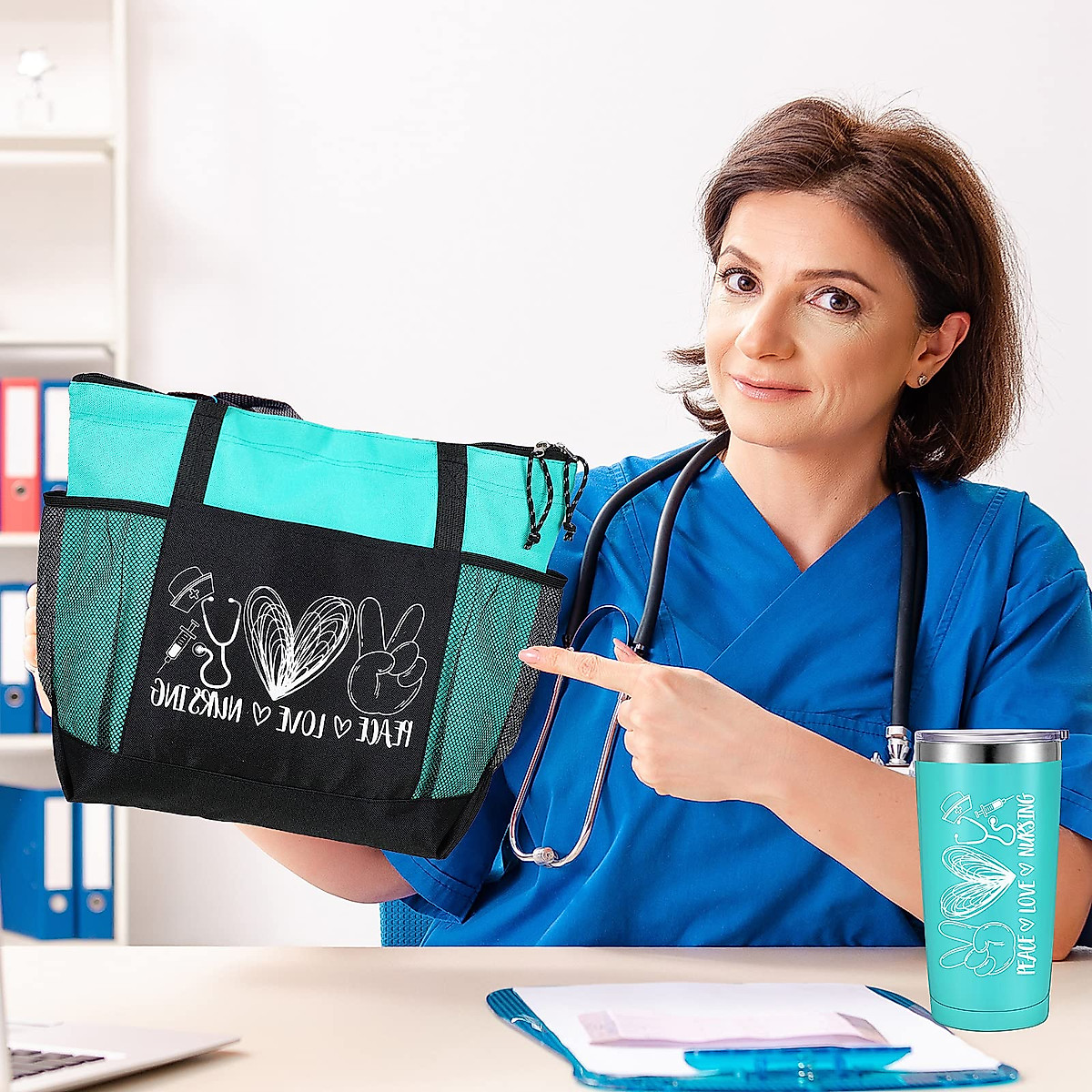 Coume 4 Pcs Nurse Gift for Women Peace Love Nursing Appreciation Gift Set Include Zippered Nurse Tote Bag Stethoscope Case Wine Tumbler Keychain for Nurse Graduation Rn Gift Nursing Bags (Turquoise)