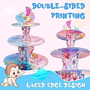 BACUTHY Gender Reveal Cupcake Stand - 3 Tier Cardboard Cup Cake Holder Tower for Boy or Girl Reveal Decorations, Baby Shower Birthday Party Supplies