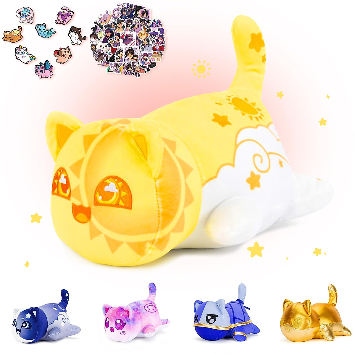 69-PCS 丨 11-inches Sun Cat Plush + 60-Sticker + 8-Pcs Shoe Charms - Galaxy Cat Collection - 100% Embroidered Plushie - Cat Stuffed Animal Collectible (Sun Cat)