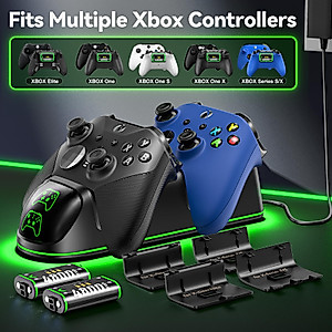 Controller Charger Station for Xbox One/Xbox Series X|S/Elite, 2 x 4800 mWh Rechargeable Battery Packs, Charging Dock for Xbox Controller Battery with 2 X Rechargable Batteries & 4 X Covers, Black